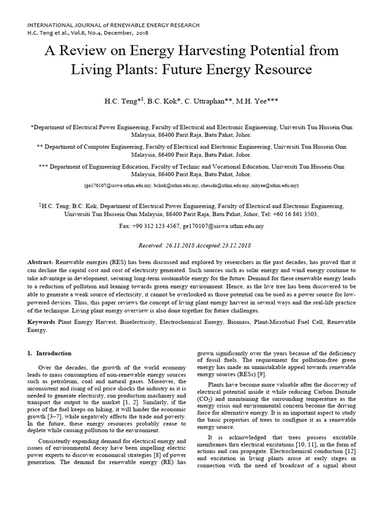 A Review On Energy Harvesting Potential From Living Plants: Future ...