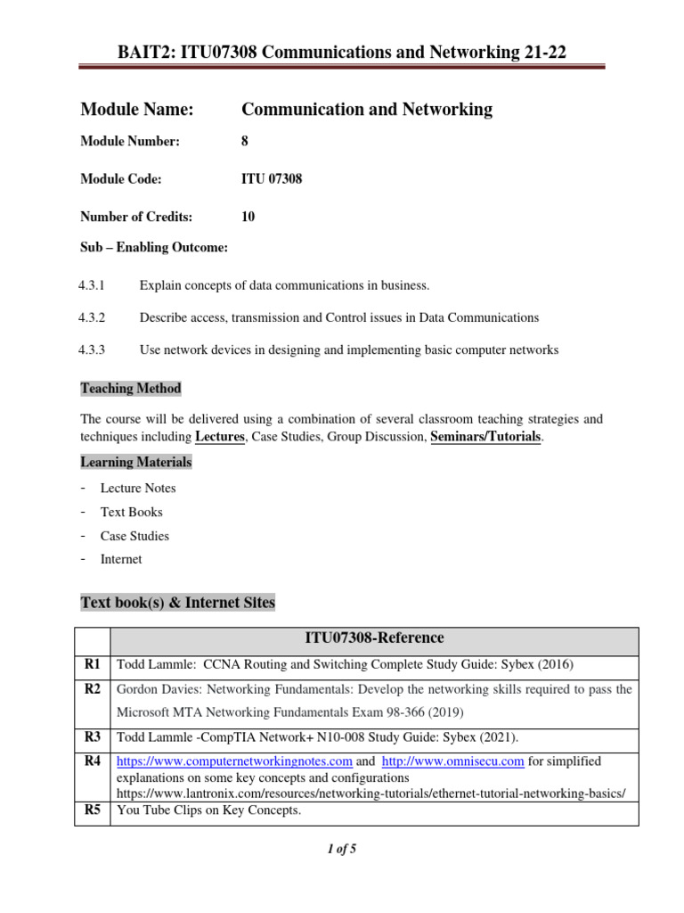 Course Outline - ITU07308-BAIT2021-22-1 | PDF | Router (Computing) | Computer Network