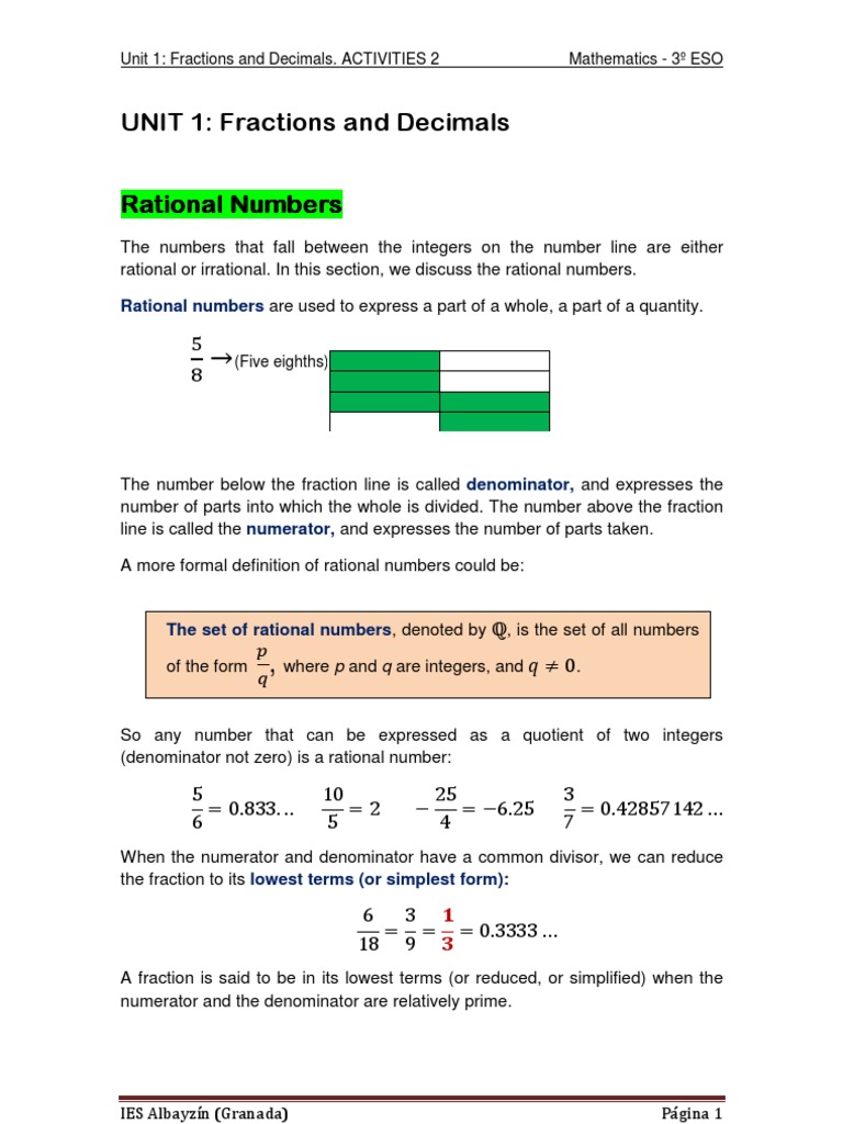 UNIT 1 Fractions and Decimals. Activities 2 (3º ESO) | PDF | Fraction ...