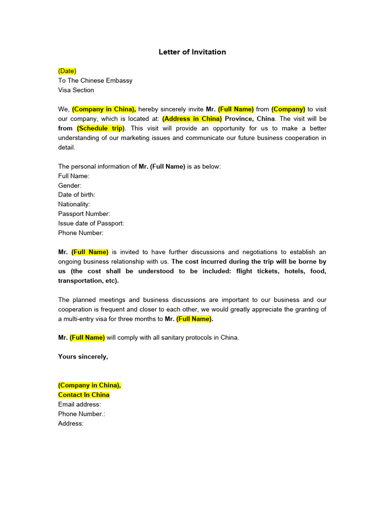 China Business Visa Invitation Letter | PDF | Law
