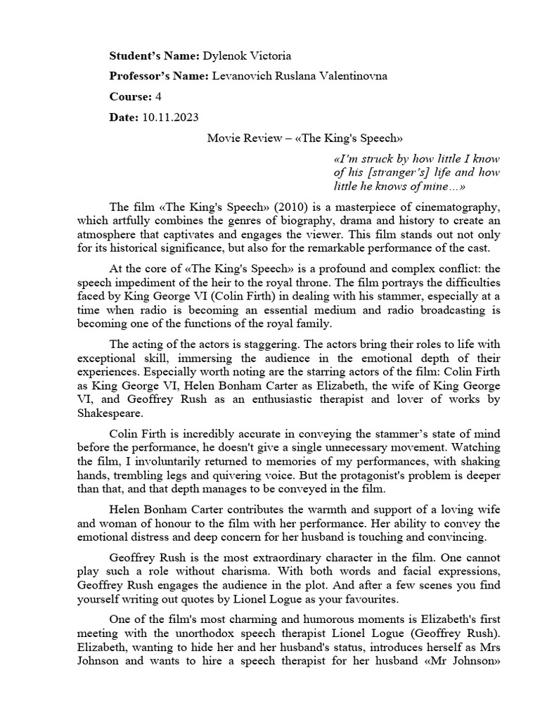 The King's Speech Movie Review | PDF | Art