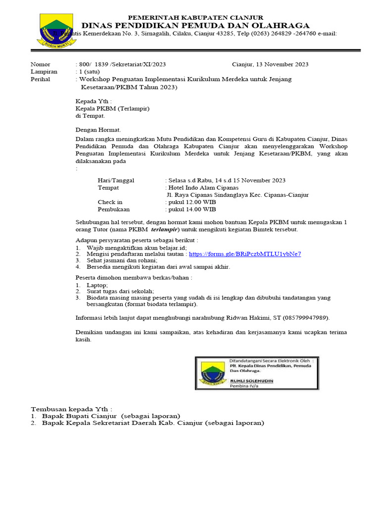 Surat Undangan Workshop Implementasi Kurikulum Merdeka Pada Satuan Pendidikan Non Formal Tahun ...