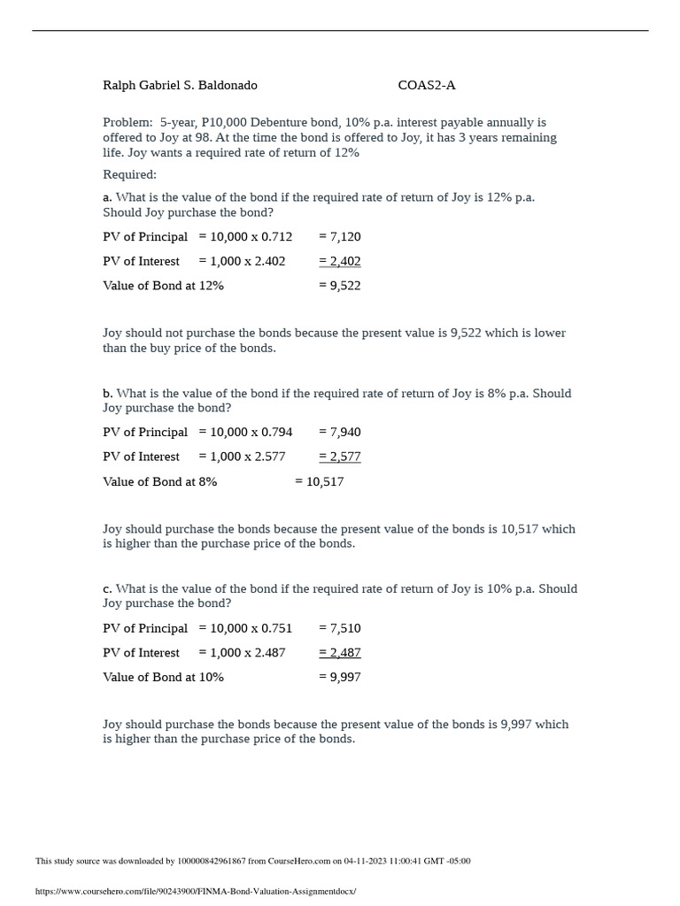FINMA Bond Valuation Assignment | PDF | Bonds (Finance) | Present Value