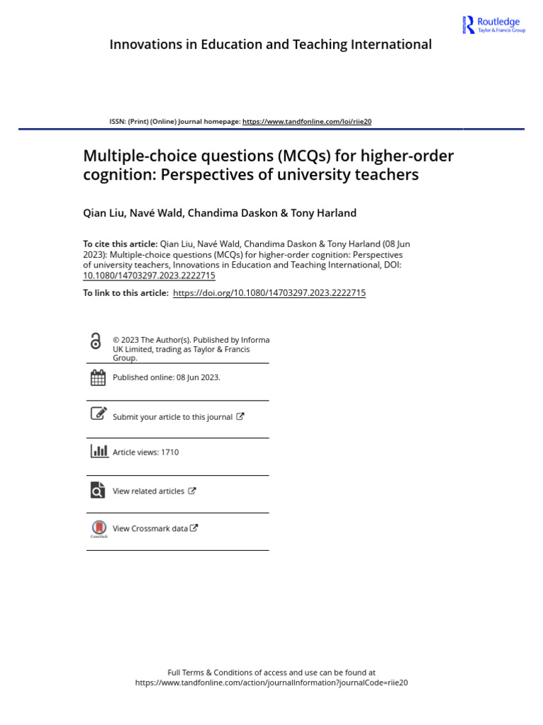 Multiple-Choice Questions MCQs For Higher-Order Cognition Perspectives of University Teachers ...