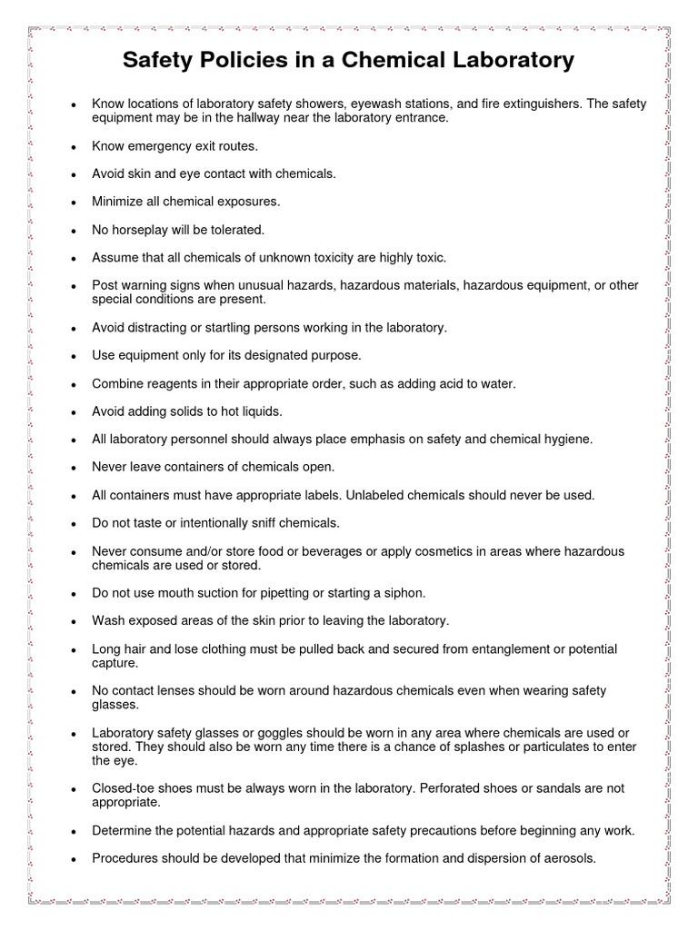 Safety Policies in A Chemical Laboratory | PDF | Laboratories | Hazards