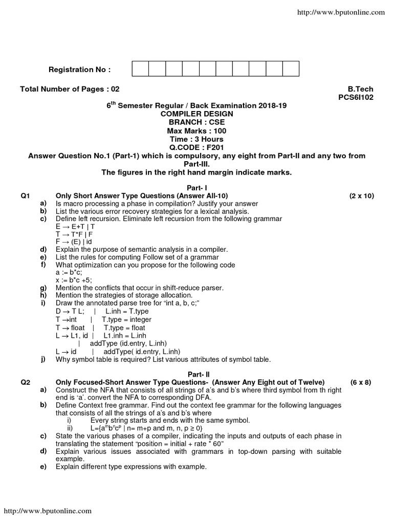 Btech Cse 6 Sem Compiler Design Pcs6i102 2019 Pdf Parsing Compiler
