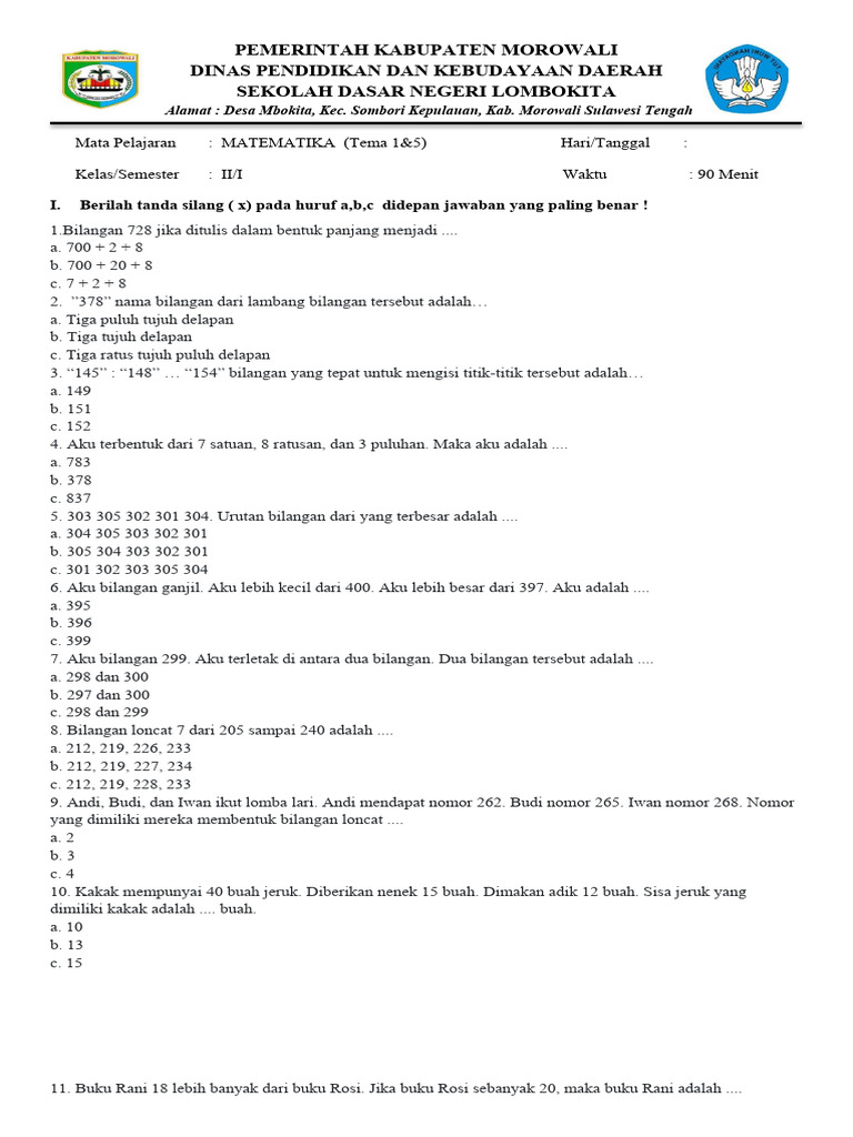 Matematika Kls 2 Semester 1 | PDF