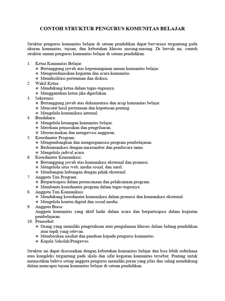 Contoh Struktur Pengurus Komunitas Belajar | PDF