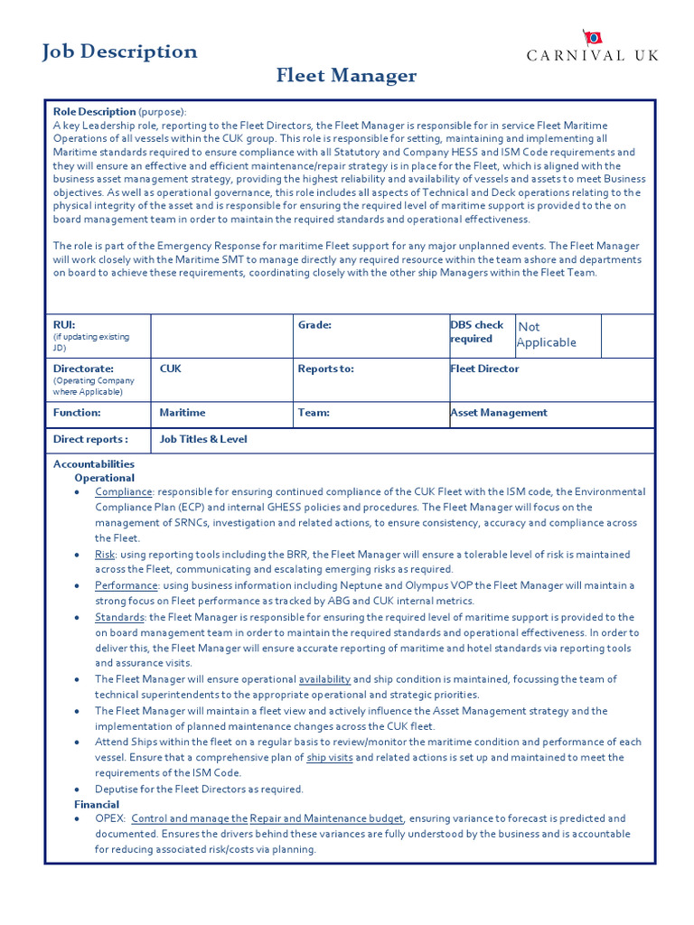 Job Description Fleet Manager | PDF | Risk | Risk Assessment