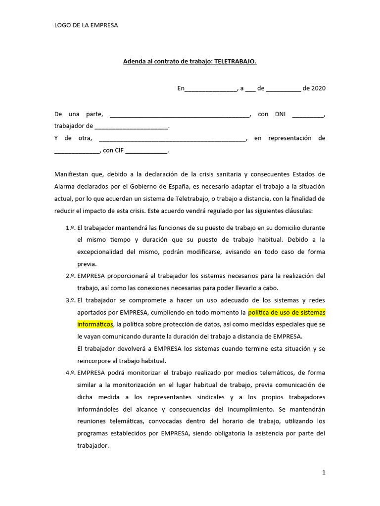 DOC.4 Modelo Adenda Al Contrato Trabajo para TELETRABAJO | PDF