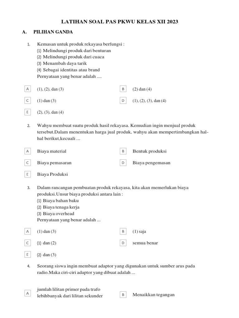 Latihan Soal Pas Pkwu Kelas Xii 2023 | PDF