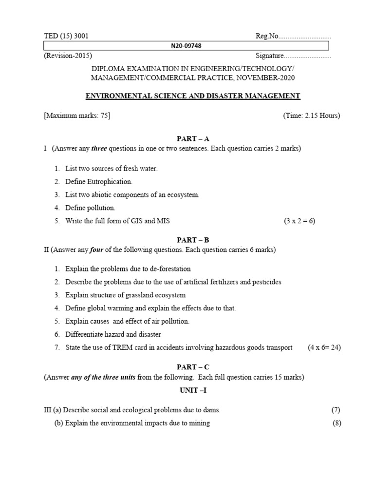 3001 Environmental Science - Disaster Management - QP A | PDF | Ecosystem | Pollution