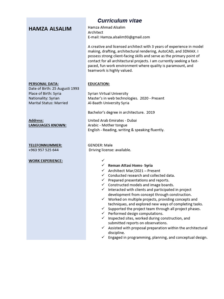 Hamza Alsalim CV | PDF | Architect | Cognitive Science