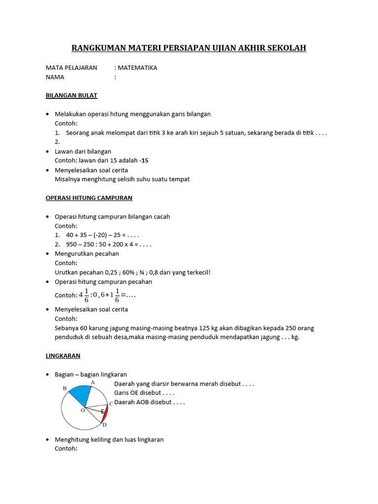 Rangkuman Materi Persiapan Uas Matematika | PDF