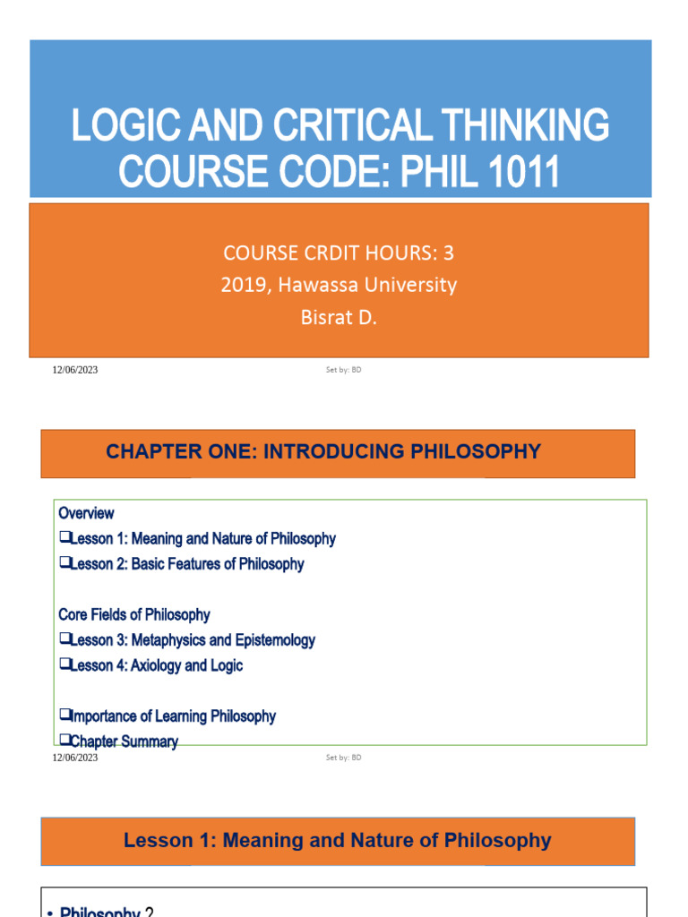 Logic and Critical Thinking Course Code: Phil 1011: Course Crdit Hours ...