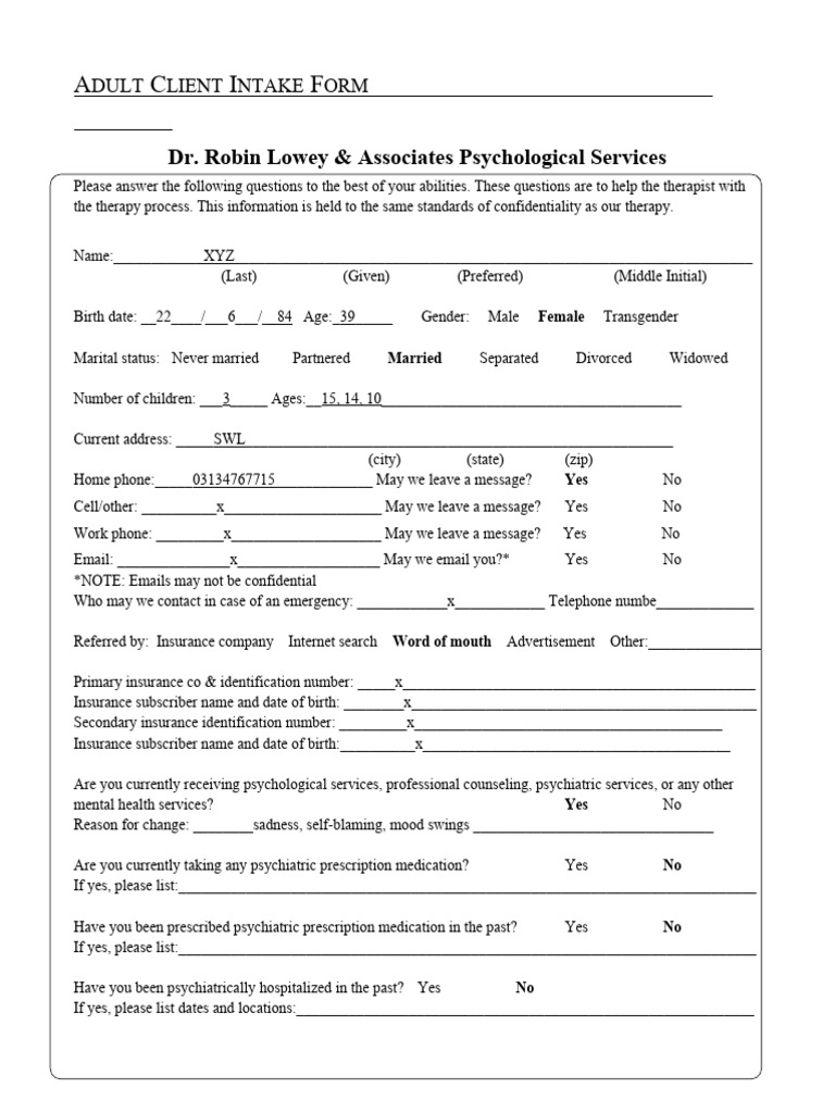 Client-Intake-Form EXAMPLE | PDF | Mental Disorder | Mood Disorders
