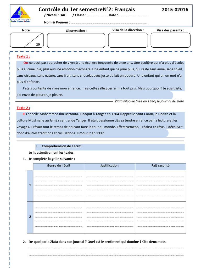 Devoir 2 Modele 1 Francais 3ac Semestre 1 Pdf