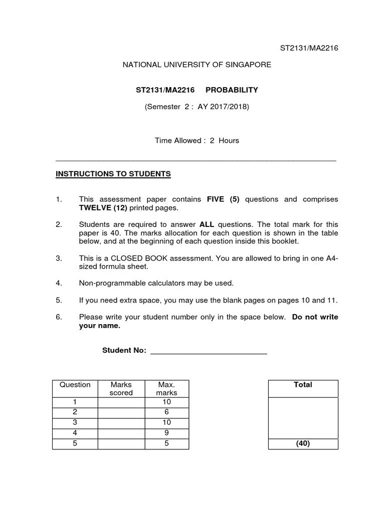 NUS ST2131/MA2216 Probability Exam | PDF | Probability Density Function ...