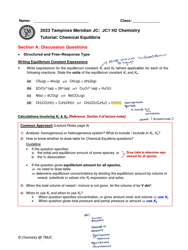 2023 H2 Chemical Equilibria Tutorial (QP) | PDF | Chemical Equilibrium | Gases