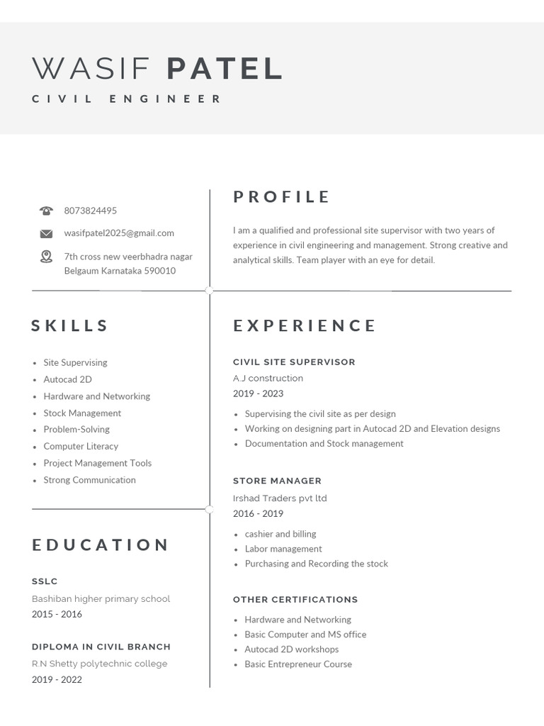 Civil Engineer Resume: Site Supervisor | PDF | Technology & Engineering