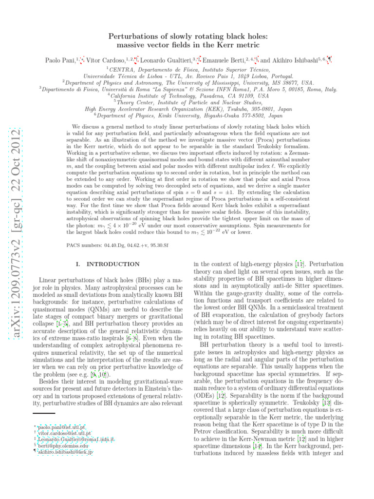 Perturbations of Slowly Rotating Black Holes: Massive Vector Fields in The Kerr Metric | PDF ...