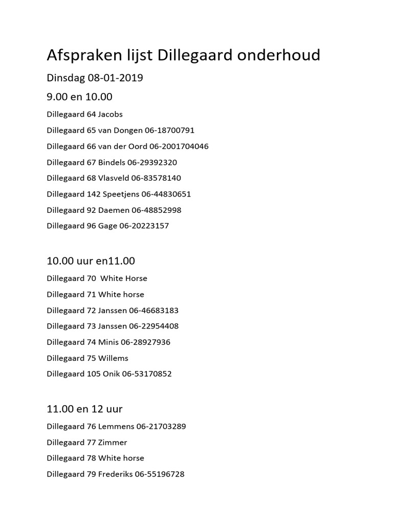 Afspraken Lijst Dillegaard Onderhoud 8 Jan | PDF