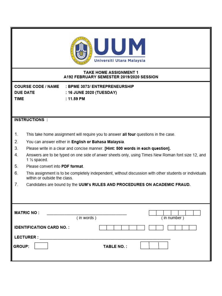 BPME 3073 - Take Home Assignment Cover Page Instructions | PDF