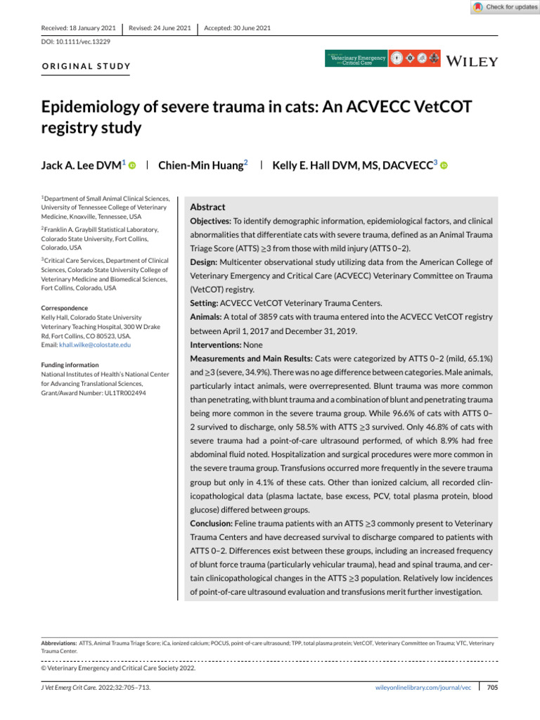 J Vet Emergen Crit Care - 2022 - Lee - Epidemiology of Severe Trauma in ...