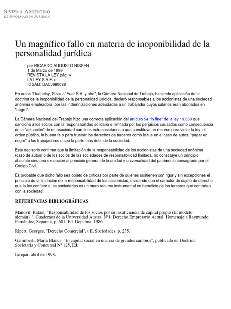 Un Magnífico Fallo en Materia de Inoponibilidad de La Personalidad ...