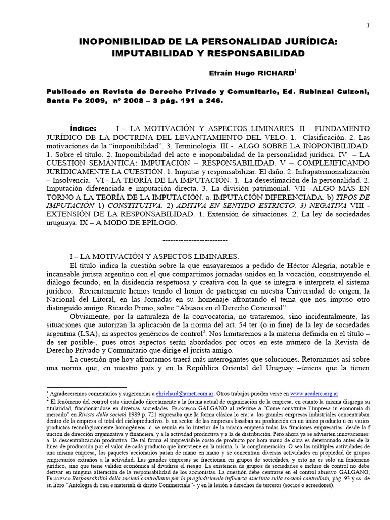 Inoponibilidad de La Personalidad Jurídica: Imputabilidad Y ...