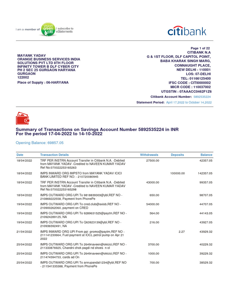 Recent Updated Citibank Account Statement-20220417 To 20221014 ...