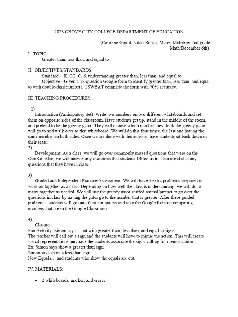 Comparing Numbers Lesson Plan Pdf Human Communication Cognition