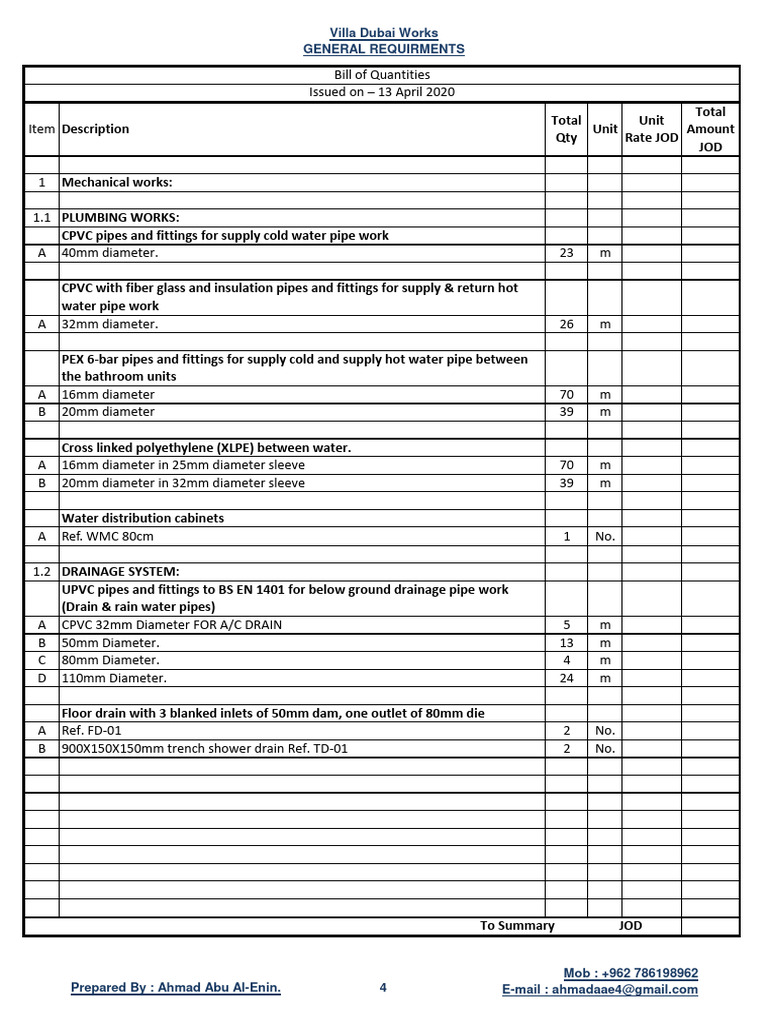 BOQ Villa Dubai - Mech. - Ele | PDF | Electrical Wiring | Ac Power ...