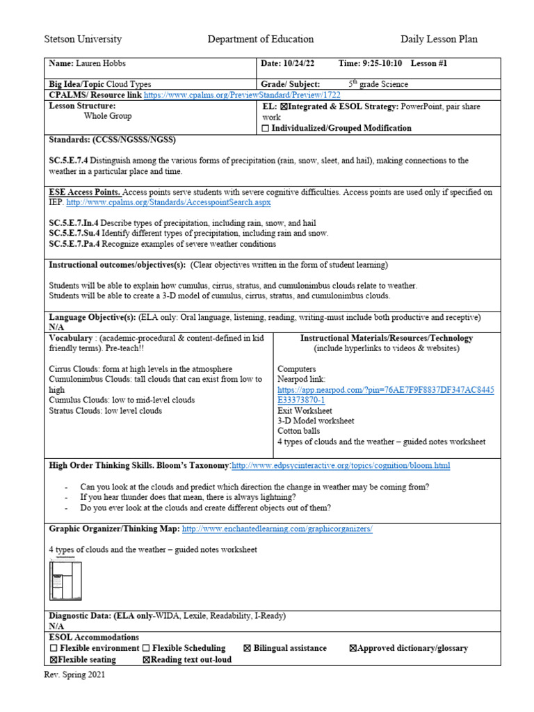 5th Grade Cloud Types Lesson Plan | PDF | Cloud | Earth Phenomena