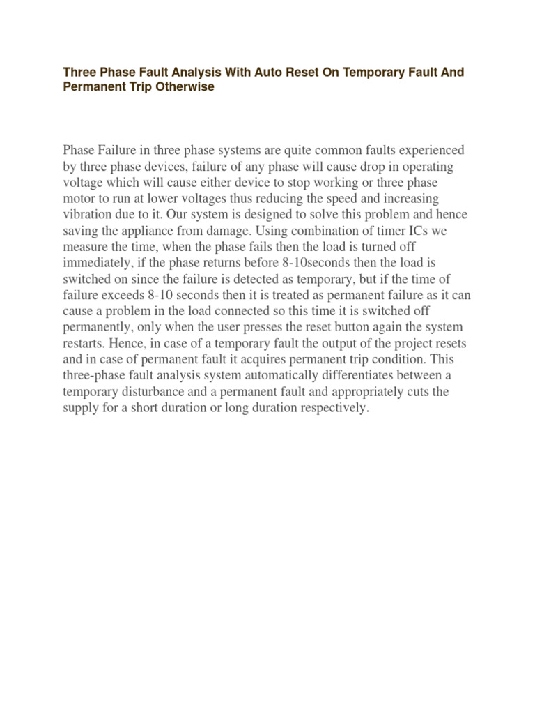 Three Phase Fault Analysis With Auto Reset On Temporary Fault and ...