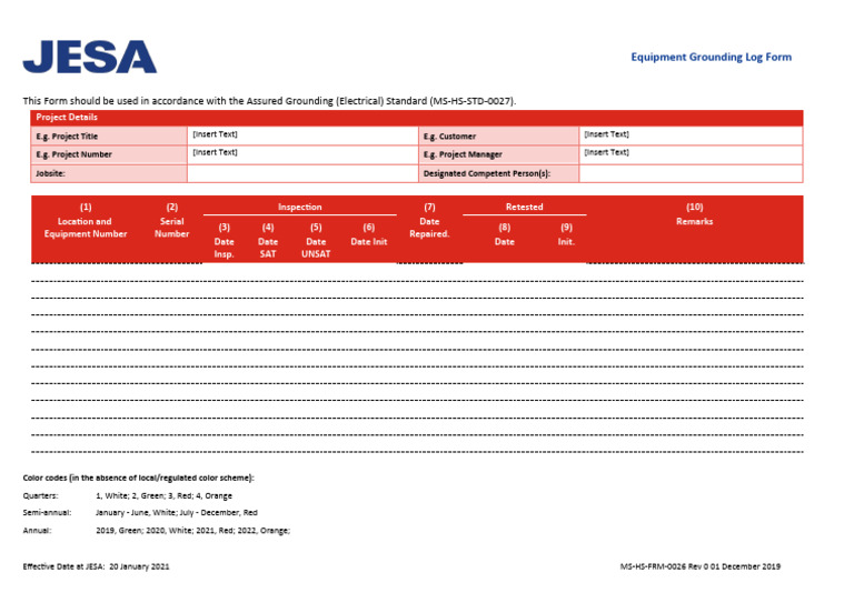 MS-HS-FRM-0026 Equipment Grounding Log Form | PDF