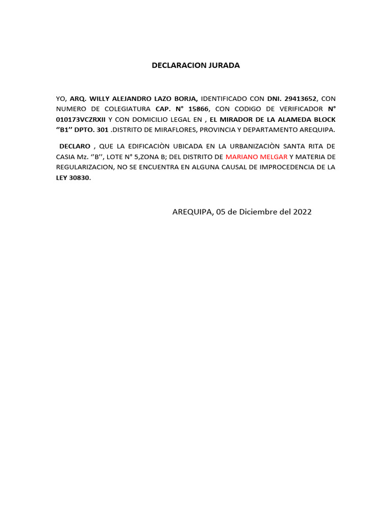 Declaracionjurada-Willy Alejandro Lazo Borja | PDF | Derecho