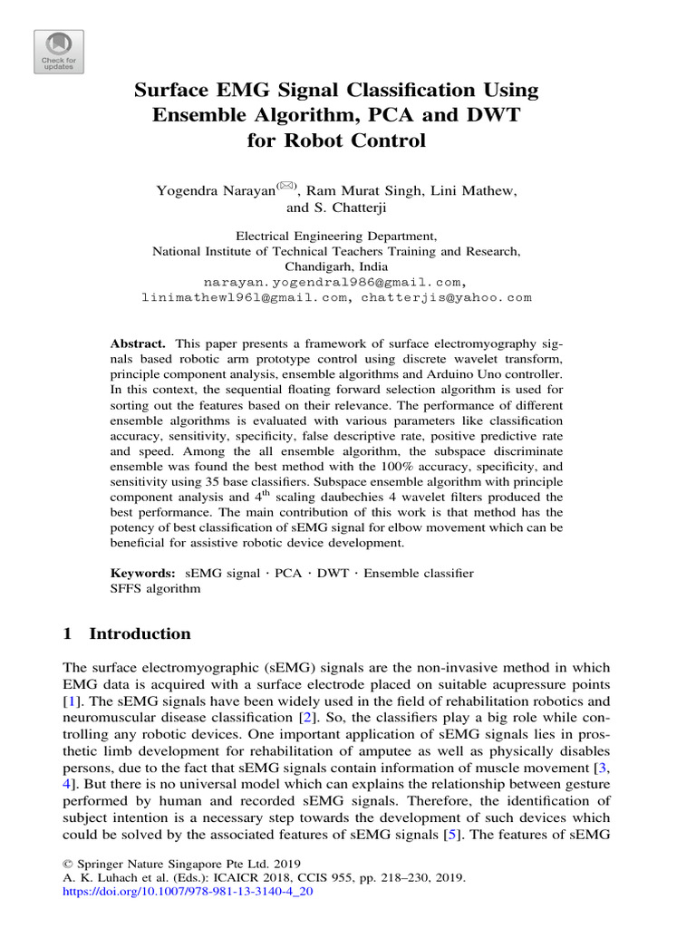 Surface Emg Signal Classification Using Ensemble Algorithm For Robot Control Pdf Eigenvalues