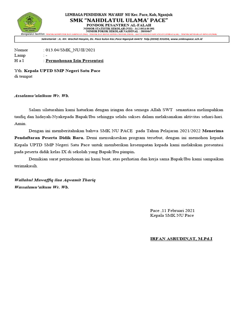 Surat Permohonan Presentasi PPDB | PDF