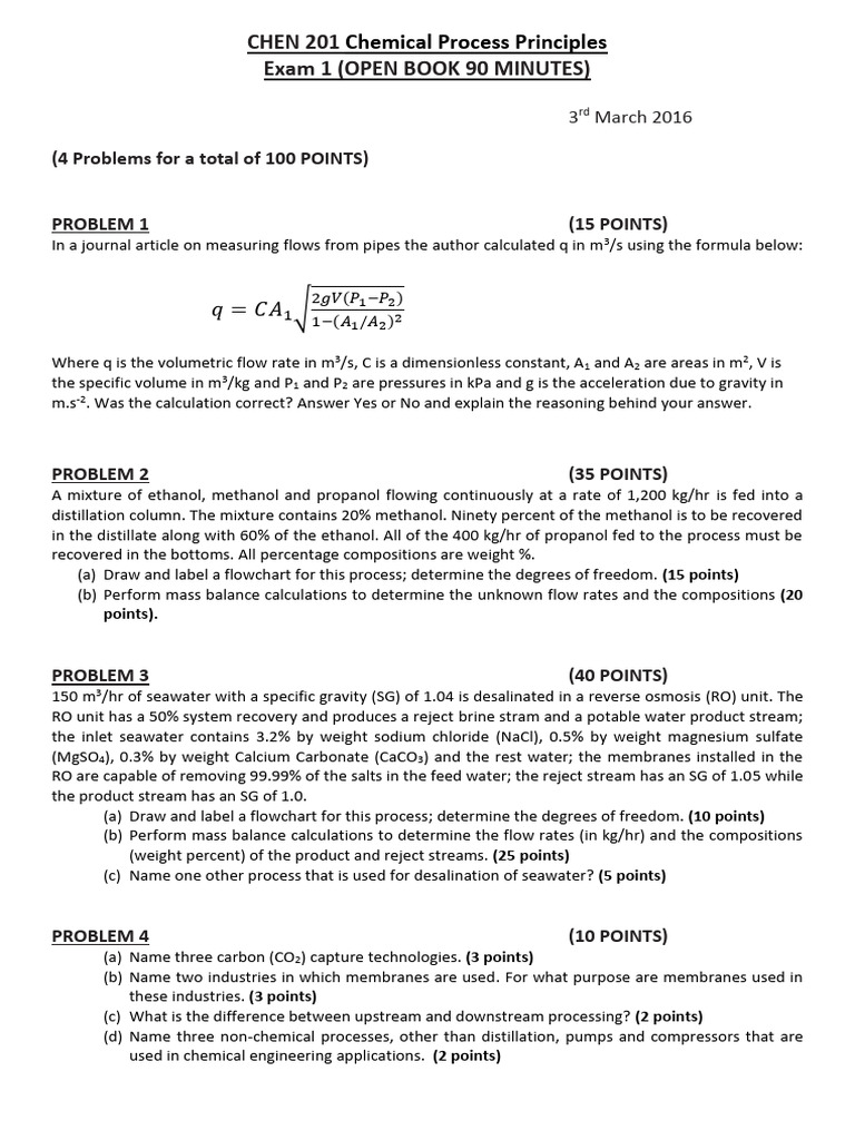 CHEN 201 Exam 1 Spring 2016 Questions | PDF | Membrane | Chemical Engineering