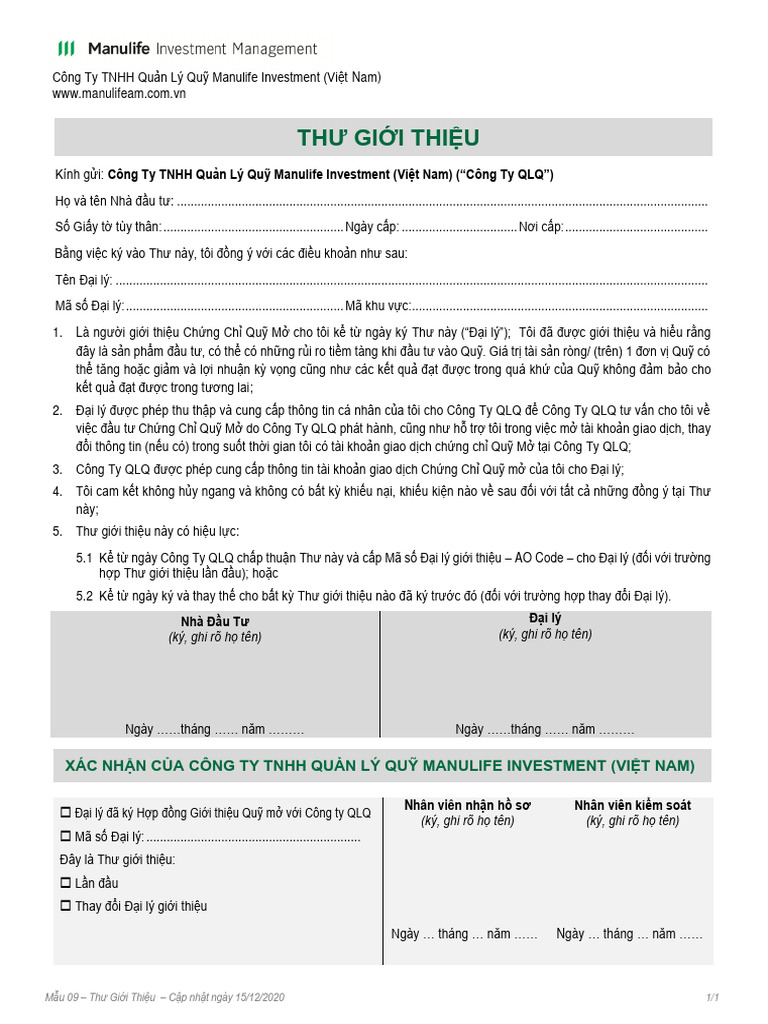 Form 09 - Thu Gioi Thieu Dai Ly - 15dec2020 | PDF