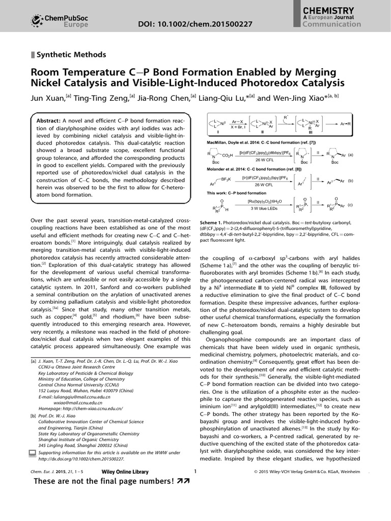 Room Temperature C P Bond Formation Enabled by Merging Nickel Catalysis and Visible Light ...