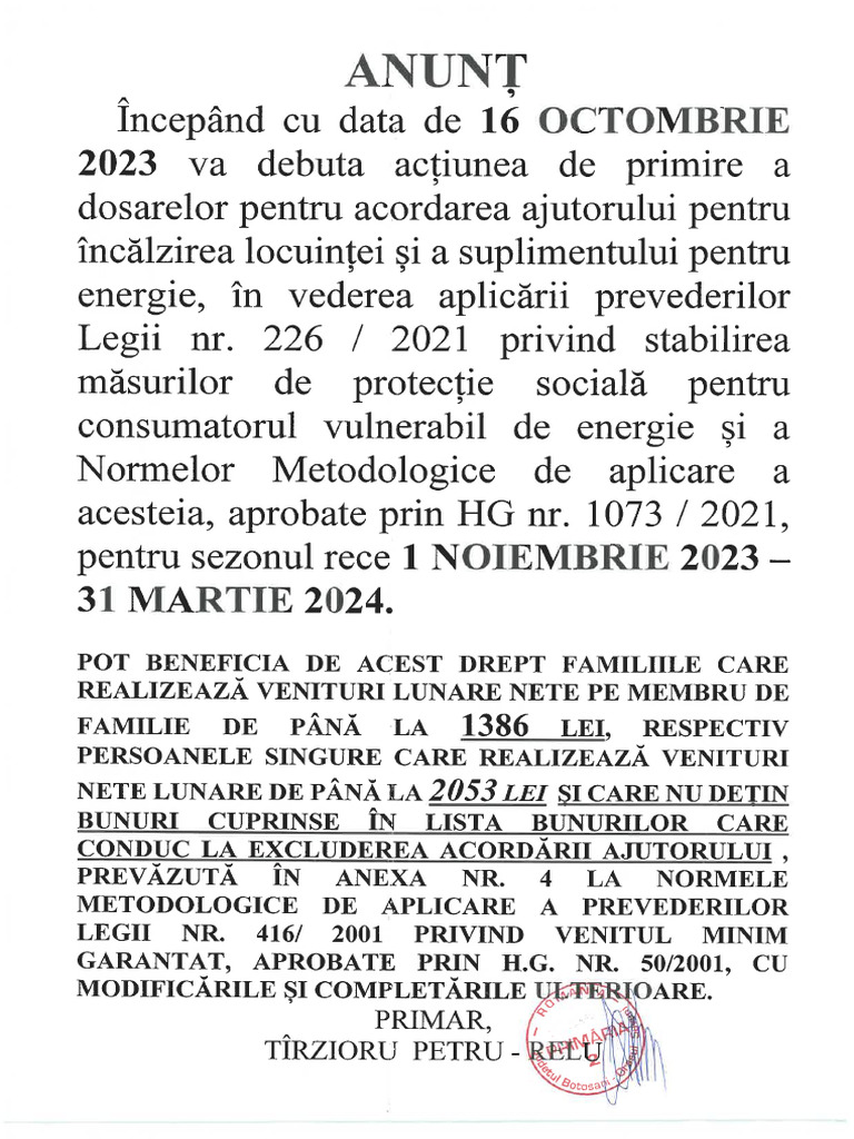 ANUNT Depunere Dosare Acordare Ajutor Pentru Incalzire Locuinte Si ...