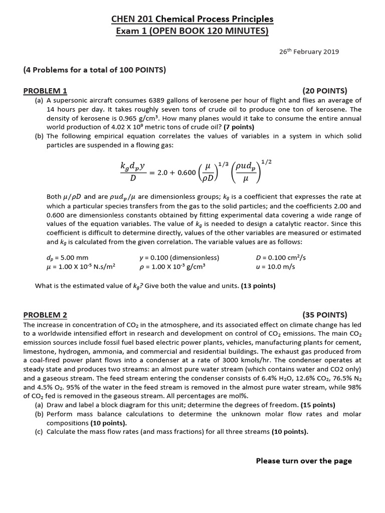 CHEN 201 Exam 1 Spring 2019 Questions | PDF | Propane | Density