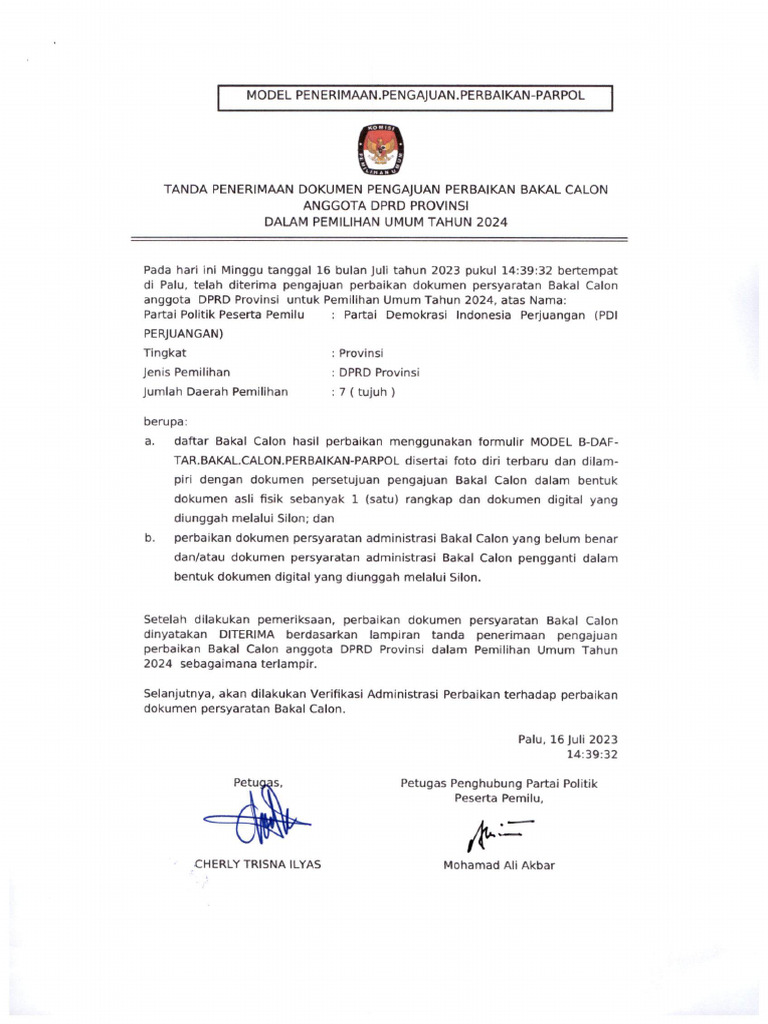 DPRD - Tk.1 Pengajuan Perbaikan (Tanda - Terima) (25.06.09.07.2023) | PDF