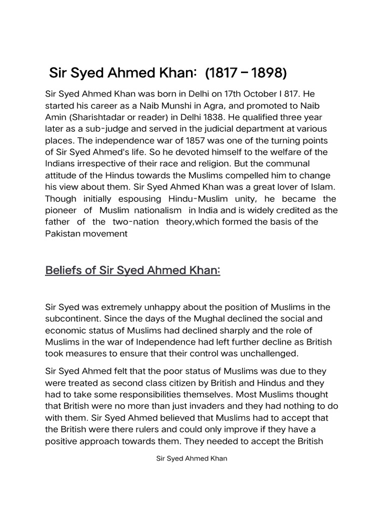 Sir Syed Ahmad Khan | PDF | Two Nation Theory | Urdu