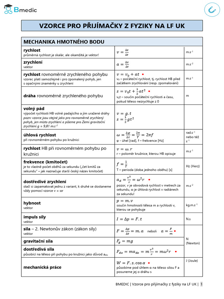 Vzorce Pro Přijímačky Z Fyziky Na LF UK | PDF