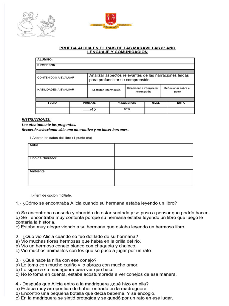 Prueba Alicia en El País de Las Maravillas | PDF | Las aventuras de ...