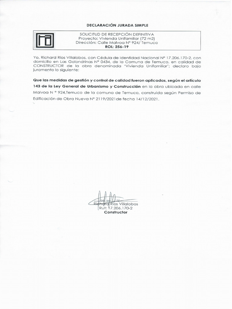 Declaración Jurada Simple Constructor Malvoa 924 | PDF