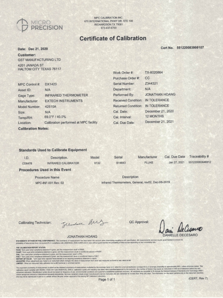 GST-117 Infrared Thermometer Calibration Cert. | PDF